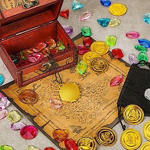 Yookeer 88 Pcs Pirate Treasure Chest for Kids Antique Color Big Treasure Chest Pirate Box Treasure Hunt Pirate Map Gold Coins Necklaces Gems for Pirate Themed Party Favors(Map Style)