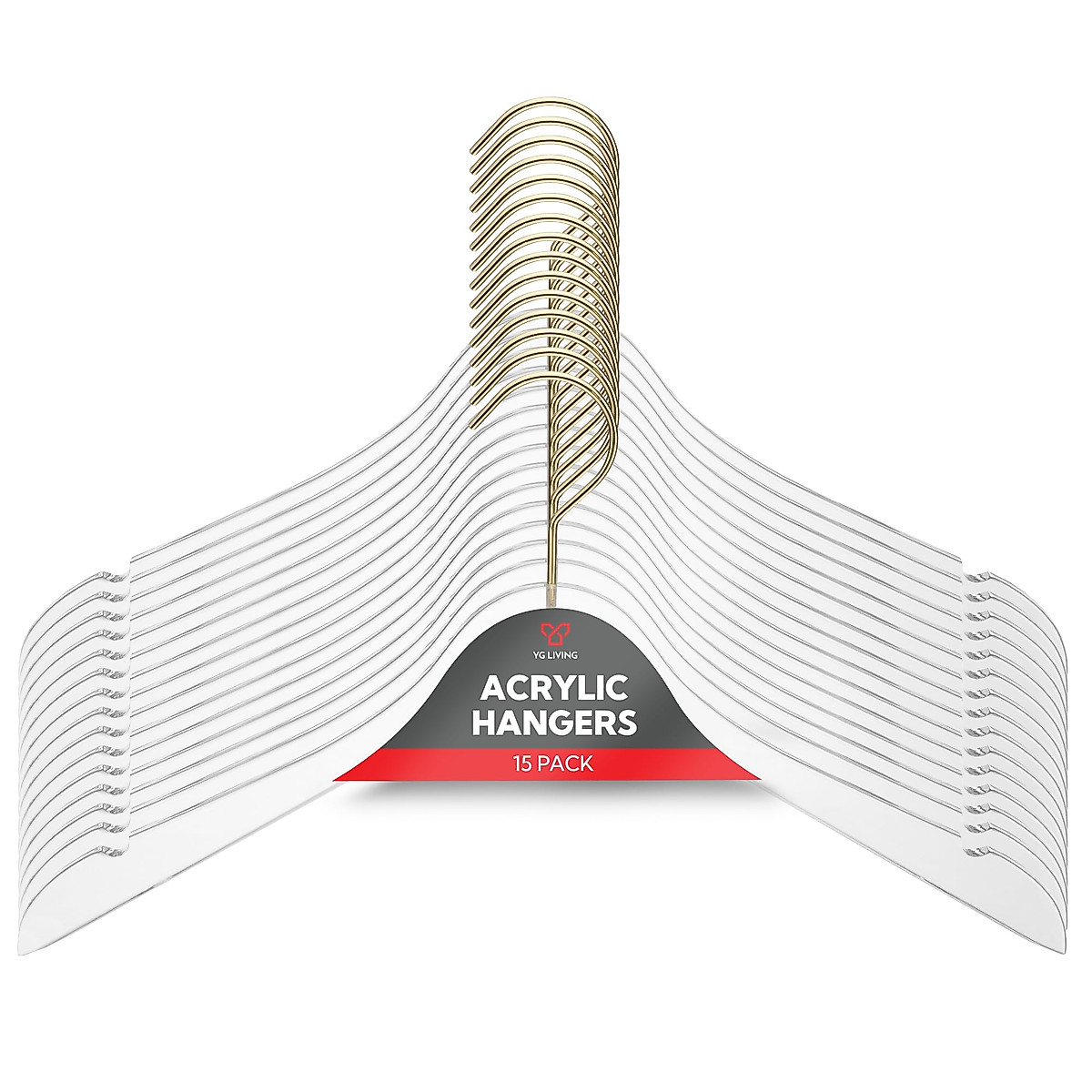 YG Living Clear Acrylic Hangers with Gold Hooks - 15 Pack - Hangers for Shirts - Clothing Hangers for Closet or Dorm - Heavy Duty Hangers to Hang Coats, Suits, Jackets - Coat Hanger with Notches