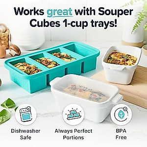 Souper Cubes Stoneware - Small Ceramic 5" x 3" Baking Dish with Silicone Covers, Small Baking Dishes for Oven Perfect for Reheating Single Serve Portions, Set of 4 - White