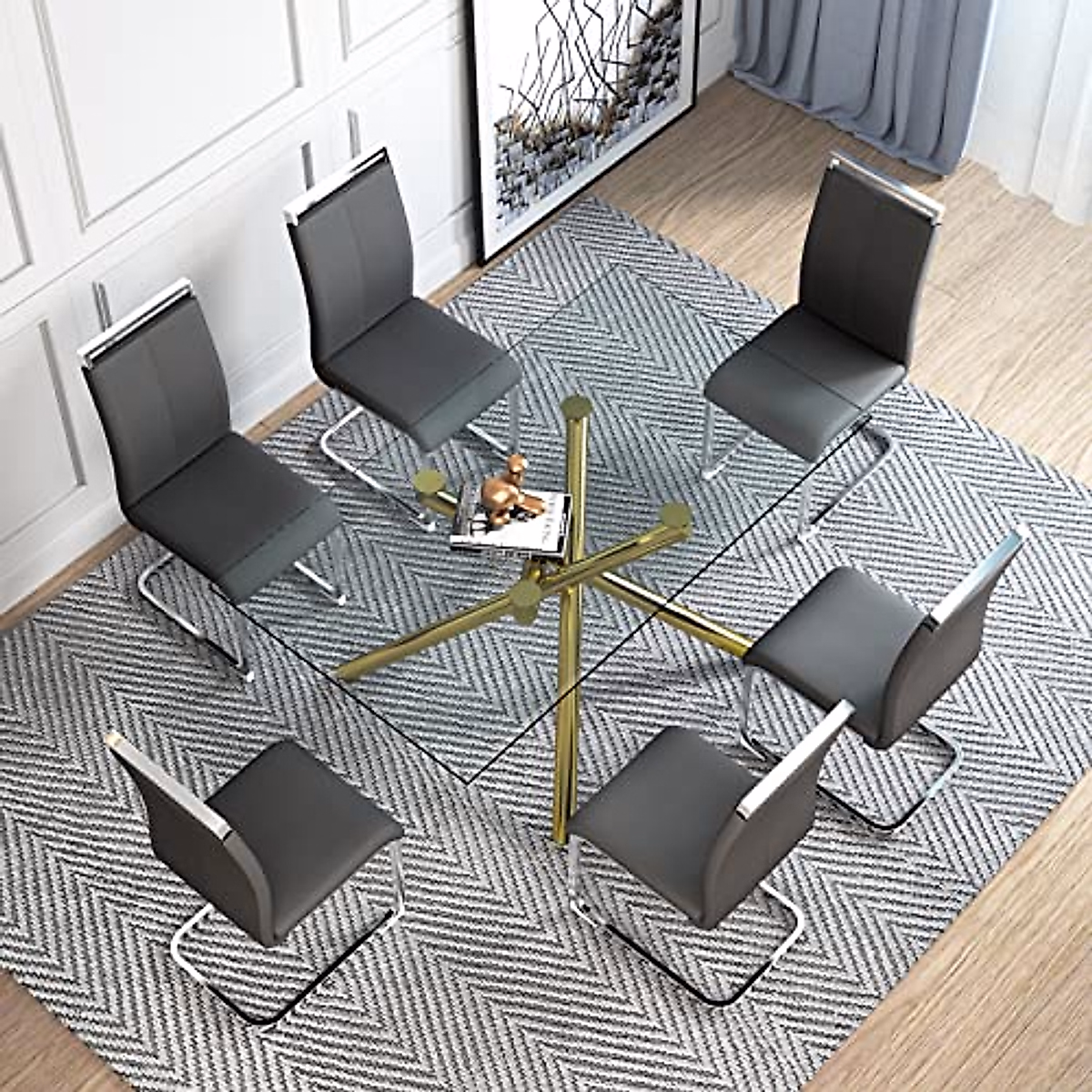 63 Inch Glass Dining Table,4-6 Person Home Dining Table Large Size Kitchen and Dining Room Table with Tempered Glass top and Gold Metal Legs, Modern Rectangular Dining Table (Gold Legs