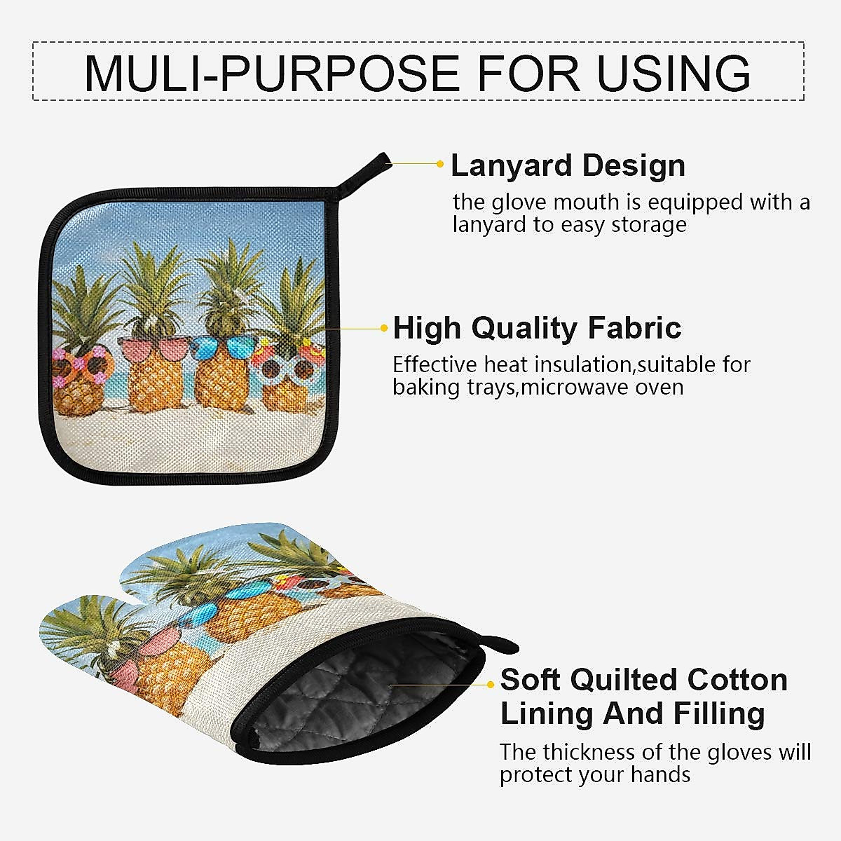Oven Mitts Pot Holders Sets - Pineapples Stylish Sunglasses Hot Gloves Hot Pads Non-Slip Potholders for Kitchen BBQ Baking