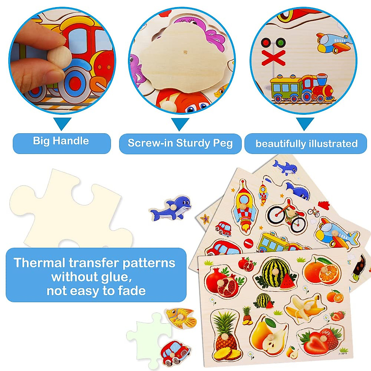 Wooden Peg Puzzles for Toddlers, 3 Pack Ocean Transportation Fruit Puzzles for Kids 1-3 Years Old, Early Educational Preschool Learning Puzzles Toys for Boys and Girls Ages 1 2 3 4 5