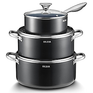 Induction Cookware Set 6-Piece, Stackable Kitchen Cooking Pots Set, 6qt 4.8qt & 2qt Pots with Lids, Dishwasher Safe & Oven Safe, Compatible with All Stoves, Black