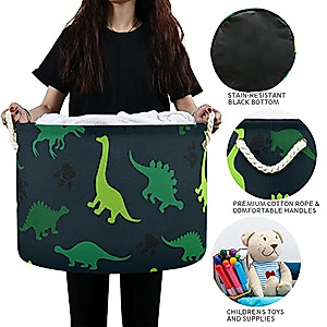 Kigai Green Camo Dinosaur Storage Basket, Collapsible Round Toy Storage Bin, Decorative Laundry Hamper with Handles, Large Organizer Bins