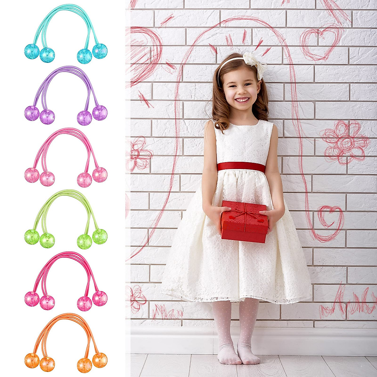 Juinte 6 Pairs Ball Hair Bands, 6 inches Acrylic Butterfly Ponytail Hair Bands, Hair Accessories for Girls Women Kids, Multicolor (12 Count)