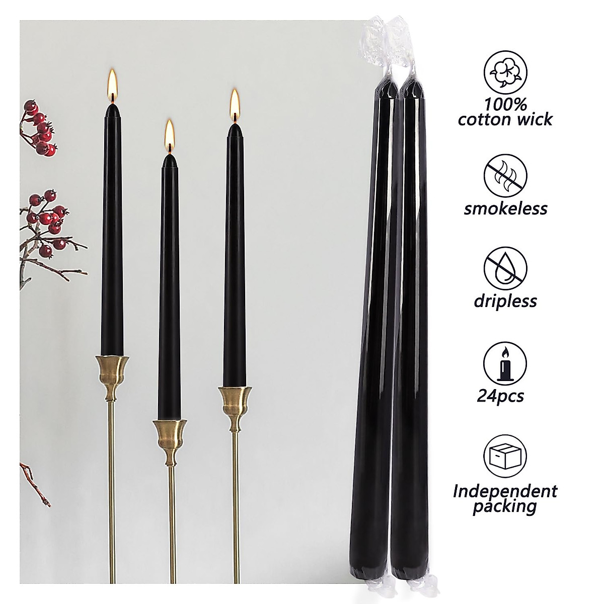 Black Taper Candles - Set of 24 Dripless Candles - 10 inch Tall, 3/4 inch Thick - 7.5 Hour Clean Burning