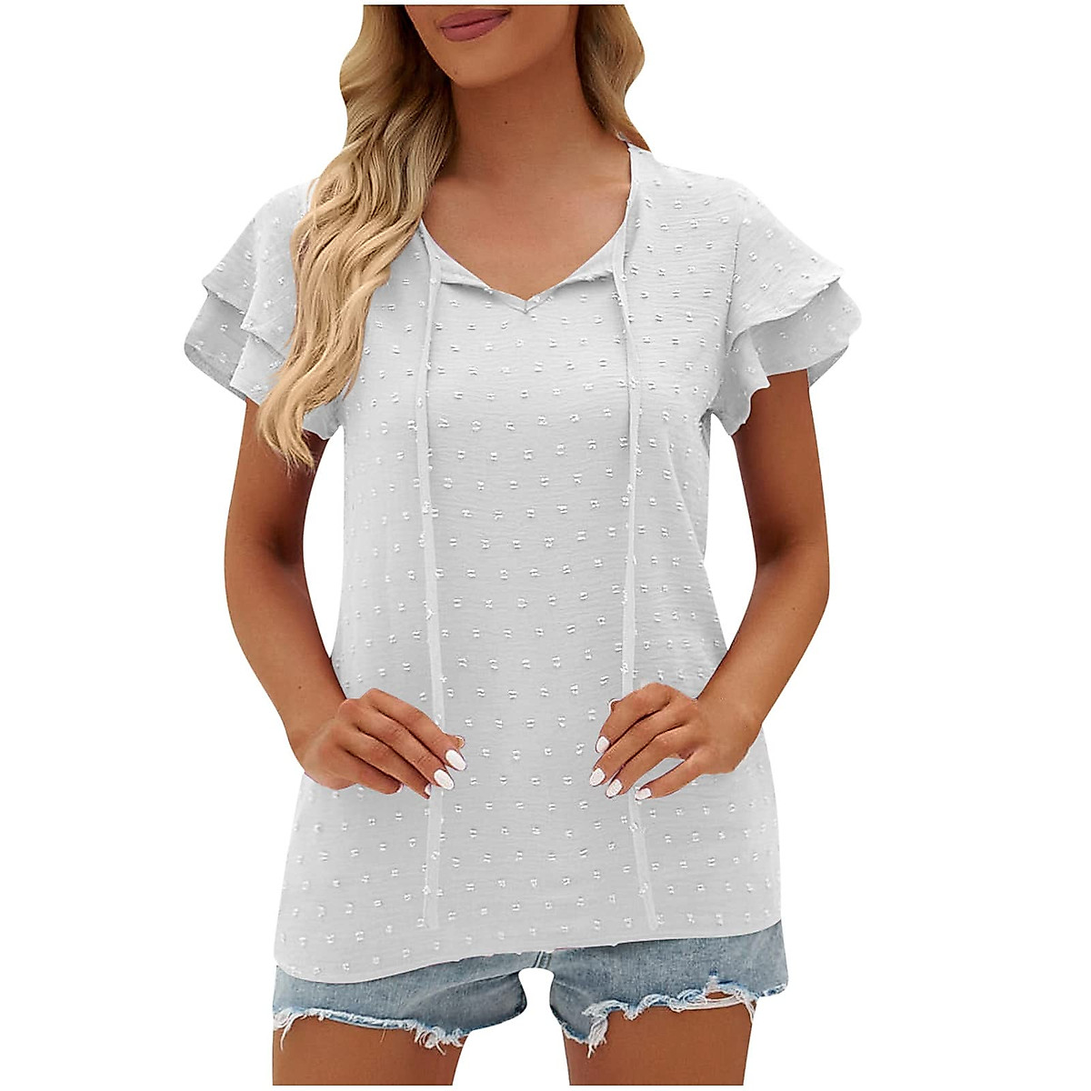 DASAYO Women's Ruffle Short Sleeve Tops Shirt Swiss Dot Solid Color Casual Fashion Shirts Blouse Pom Pom Summer Outfits