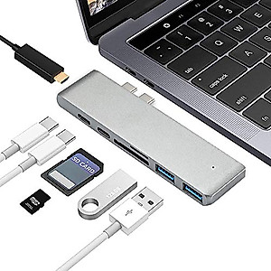 XUNMAIFHB Portable Docking Station,Double Head Type-c HUB to hdmi 4k hub + Card Reader + Type-c Docking Station Lightning 3 Interface Fast Transmission, Silver