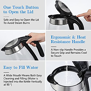 Glass Electric Kettle, TUMIDY 1.7L 1500W Fast Boiling Hot Water Boiler Auto-Shutoff and Boil-Dry Protection, LED Lights, Comfy Touch Handle Wide Opening Cordless Tea Heater making Tea Coffee, Black