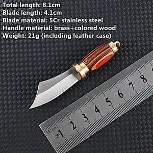 SZHOWORLD New Ultra Small Fixed Blade Knife, 1.6 inch 5Cr Stainless Steel Blade with Brass+Colored Wood Handle, Mini Knife with Leather Sheath and Brass Key Ring for EDC Gift Collection (Style 1)