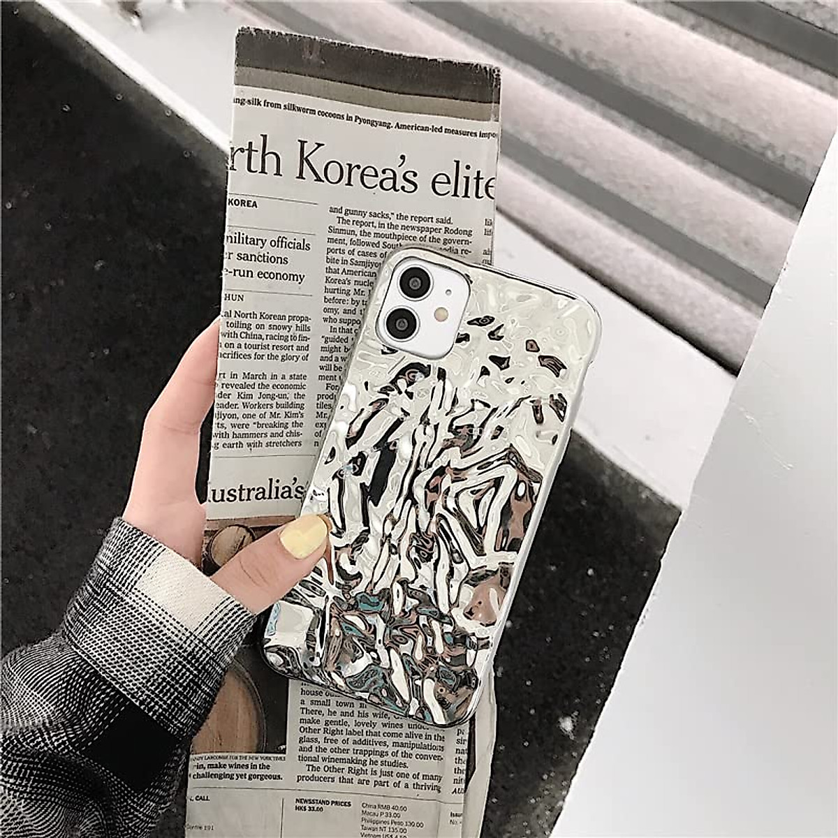 Yebowe Compatible with iPhone 12 Mini Case, Cute 3D Tin Foil Pleated Luxury Phone Cover for Women Girls Cool Bling Designer Soft Slim Case for iPhone 12 Mini Silver