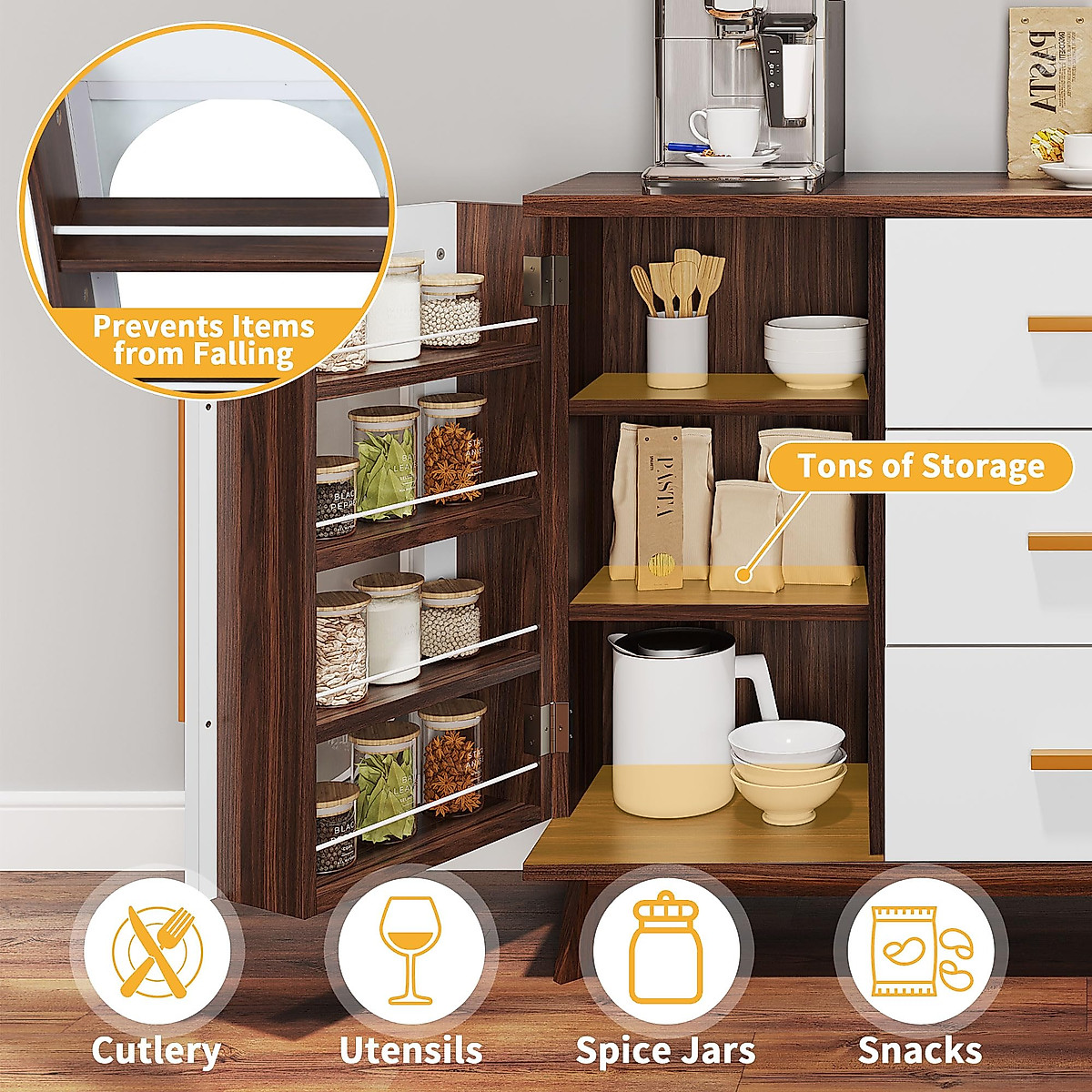 DWVO Storage Cabinet, 59'' Sideboard Buffet Cabinet with Storage, Coffee Bar Cabinet with 3 Drawers, 2 Glass Doors, Capacity 300 lbs, Credenza for Kitchen, Living Room, White Brown