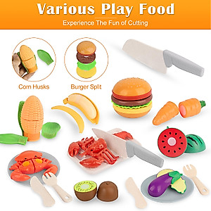TUEHUTDE 50PCS Play Kitchen Accessories, Kids Kitchen Toy Toddler Cooking Playset with Play Pots and Pans, Kettle, Cups, Utensils Cookware Toys, Play Food, Toy Vegetables Fruit Gift for Girls Boys