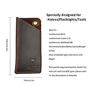 VIPERAED PJ11 Leather EDC Pocket Slip for Folding Knife, Mini Knife/Flashlight/Multitool and Other EDC Gear Leather Holster, Small Leather Utility Knife Sheath for Belt(Brown)
