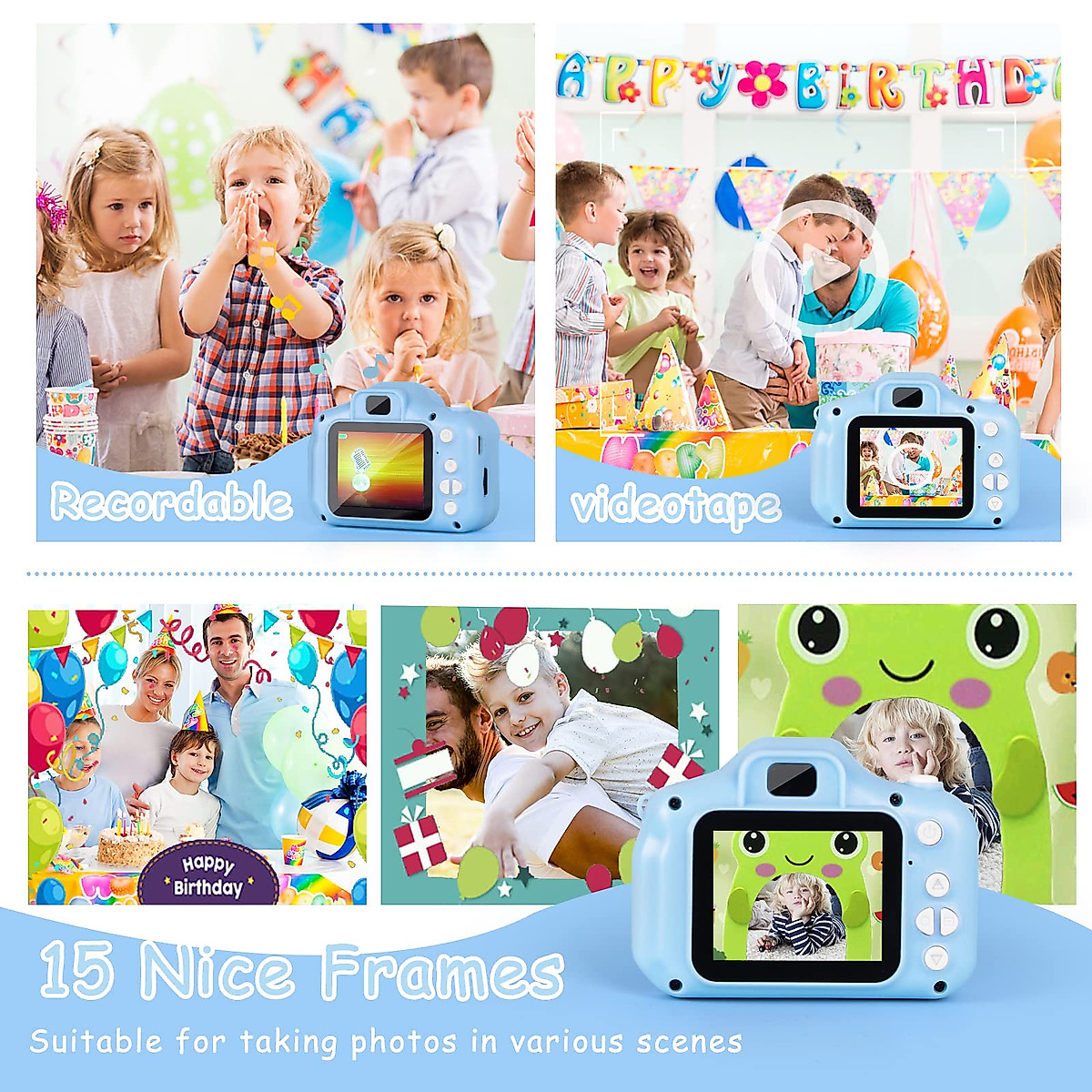 Kids Digital Camera,NINE CUBE Little Toy Camera for Boys & Girls 3-7 Years Old, Children Long Lens Digital Video Camera for Kids Gifts, Blue Camcorder with 32G SD Memory Card