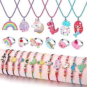 24 Pcs Little Girl Jewelry Set Kids Unicorn Necklace Cute Woven Bracelet Ring for Girls Pretend Dress up Party Favor (Cute Style)