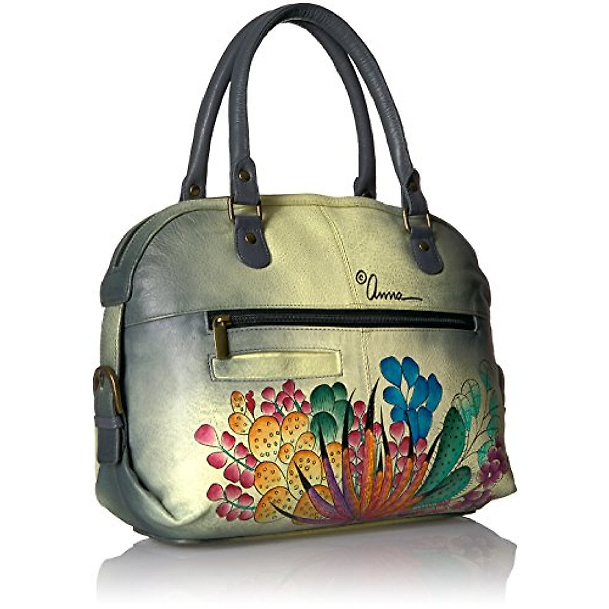 Anna by Anuschka, Handpainted Leather Zip Top Medium Satchel-succulent Dreams
