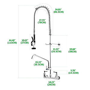 Youwise Commercial Pre-Rinse Faucet with Sprayer 8" Center 47" Height Wall Mounted Kitchen Sink with Pull Down Sprayer and 12" Add-on Spout for Home Restaurant Industrial Black