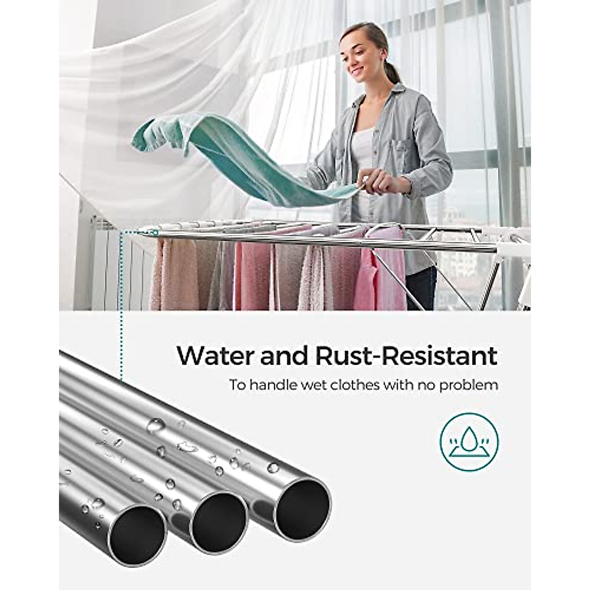 SONGMICS Clothes Drying Rack, with Sock Clips, Metal Laundry Rack, Foldable, Space-Saving, Free-Standing Airer, with Height-Adjustable Gullwings, Indoor Outdoor Use, Silver and White ULLR052W01