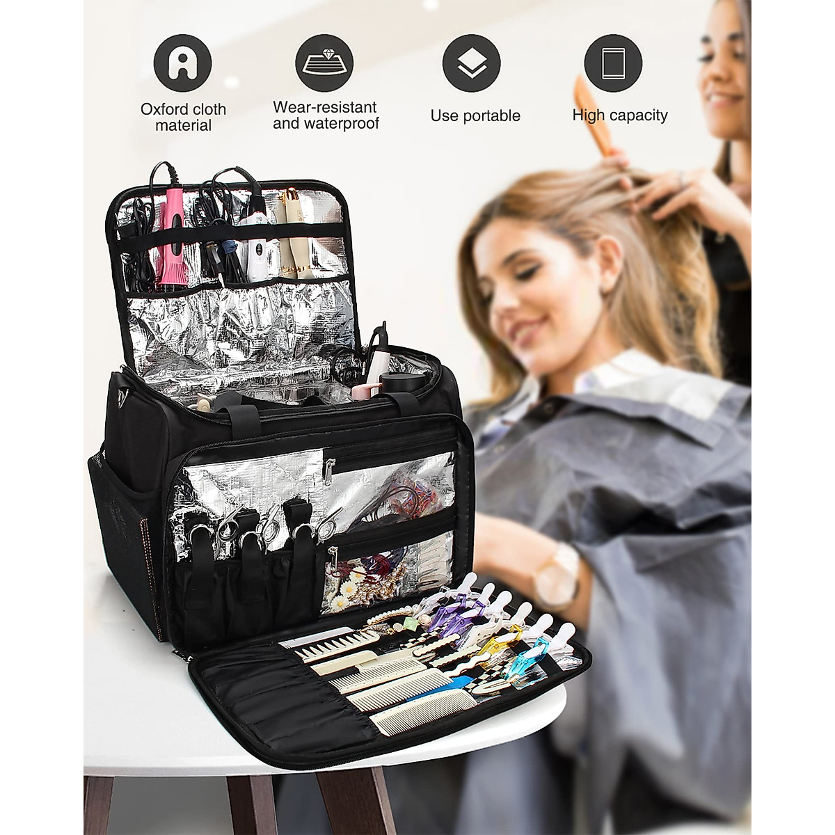MONSTINA Professional Hairdressing Bag,Hairstylist Travel Bag,Cosmetics Beauty Hairdresser Bag with Shoulder Strap,Hair Makeup Salon Organizer Bag for Barber Insulation Material