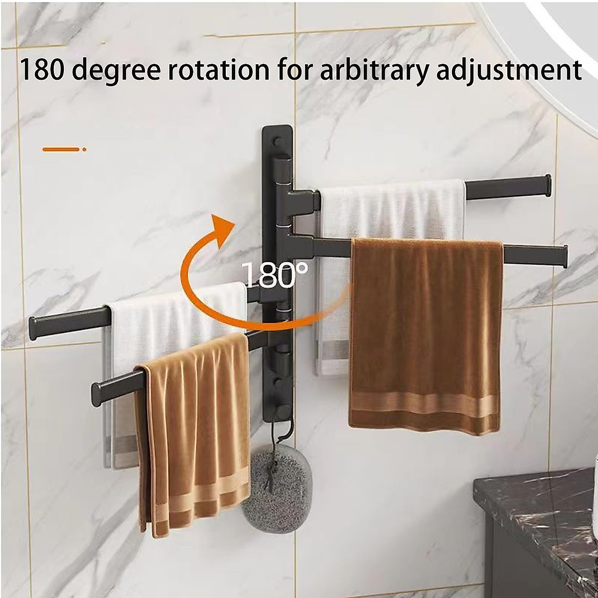4-pole 180 ° rotatable towel bar, aluminum alloy swing arm Bath Towel Bars bathroom towel rack, swing hook towel rack storage rack, bathroom wall mounted towel storage rack, Silver gray