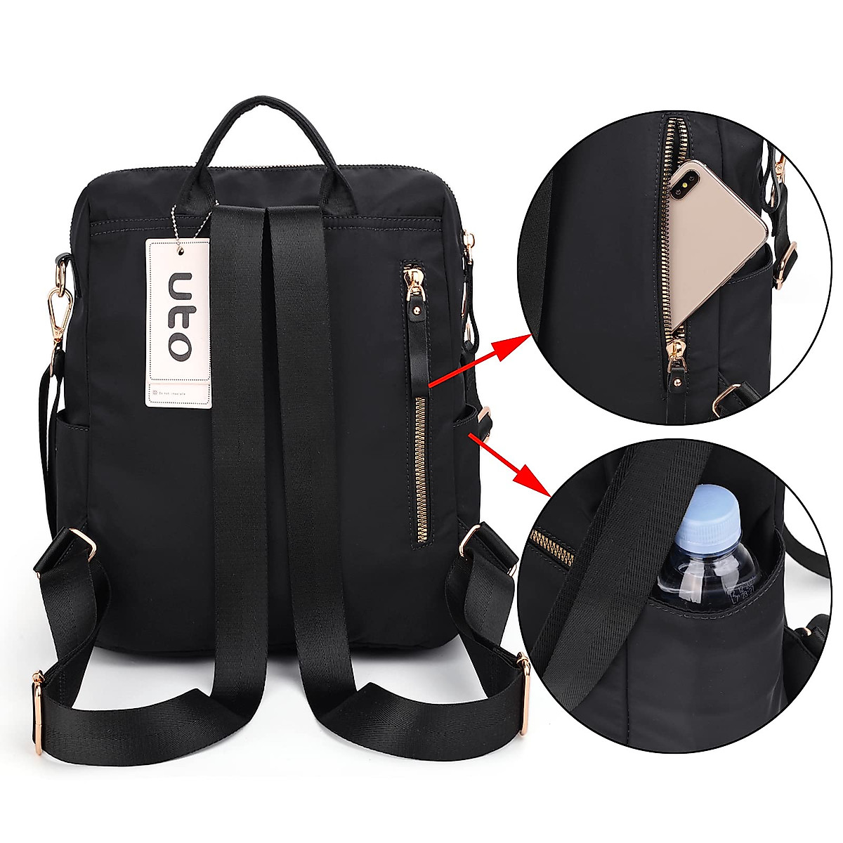 UTO Camo Waterproof Backpack for Women Durable Nylon Multipurpose Roomy Multi pockets Travel Business Shoulder Bag Black