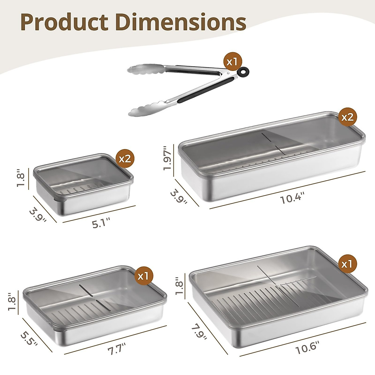OMISTAR 6PCS Bacon Cheese Containers, 4 Sizes Stainless Steel Airtight Meat Containers, Dishwasher Safe Fridge Storage Containers for Fruit Lunch Storage with Lids Tongs