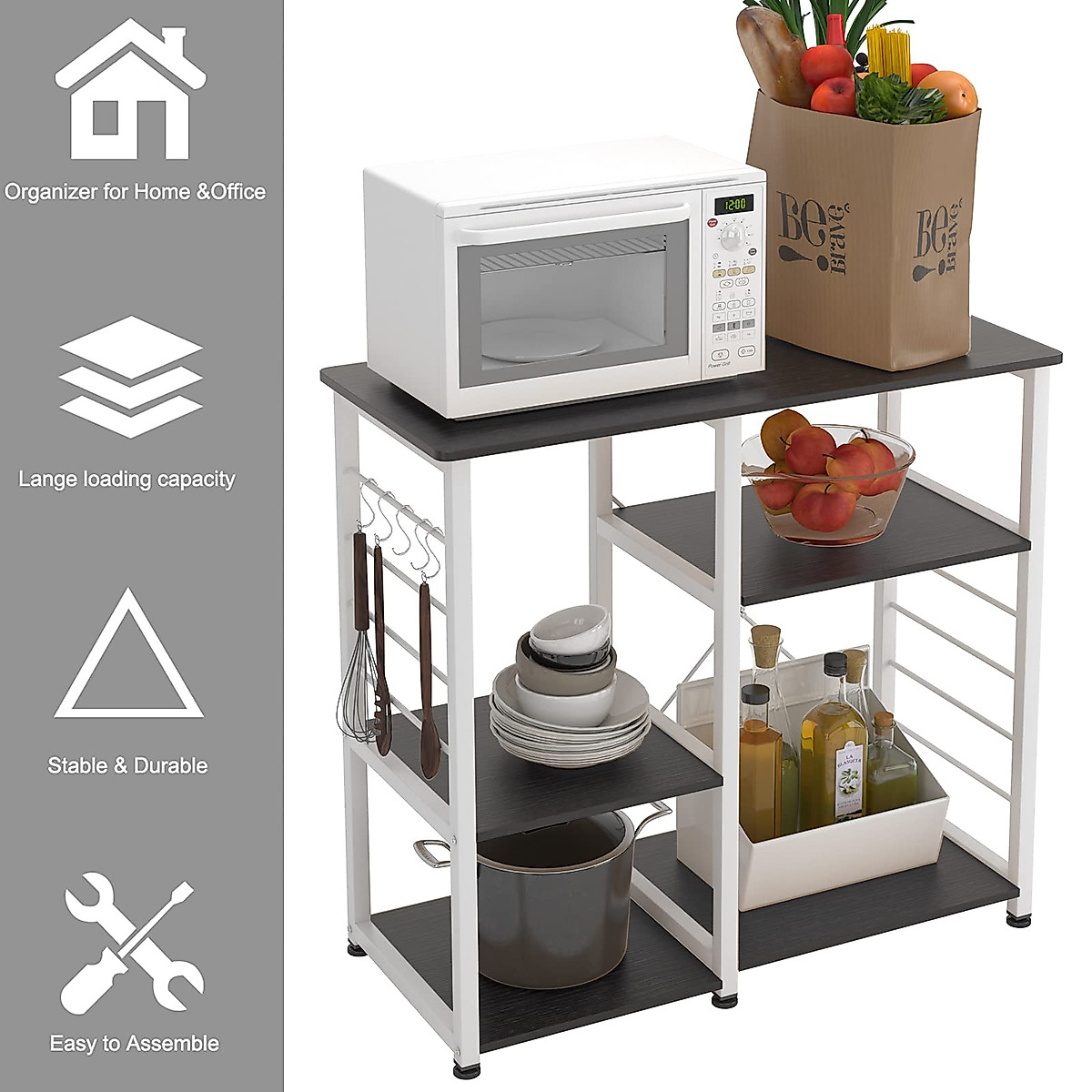 sogesfurniture Kitchen Baker's Rack, Utility Microwave Oven Stand 3-Tier Stand for Kitchen Storage Workstation Shelf, Black