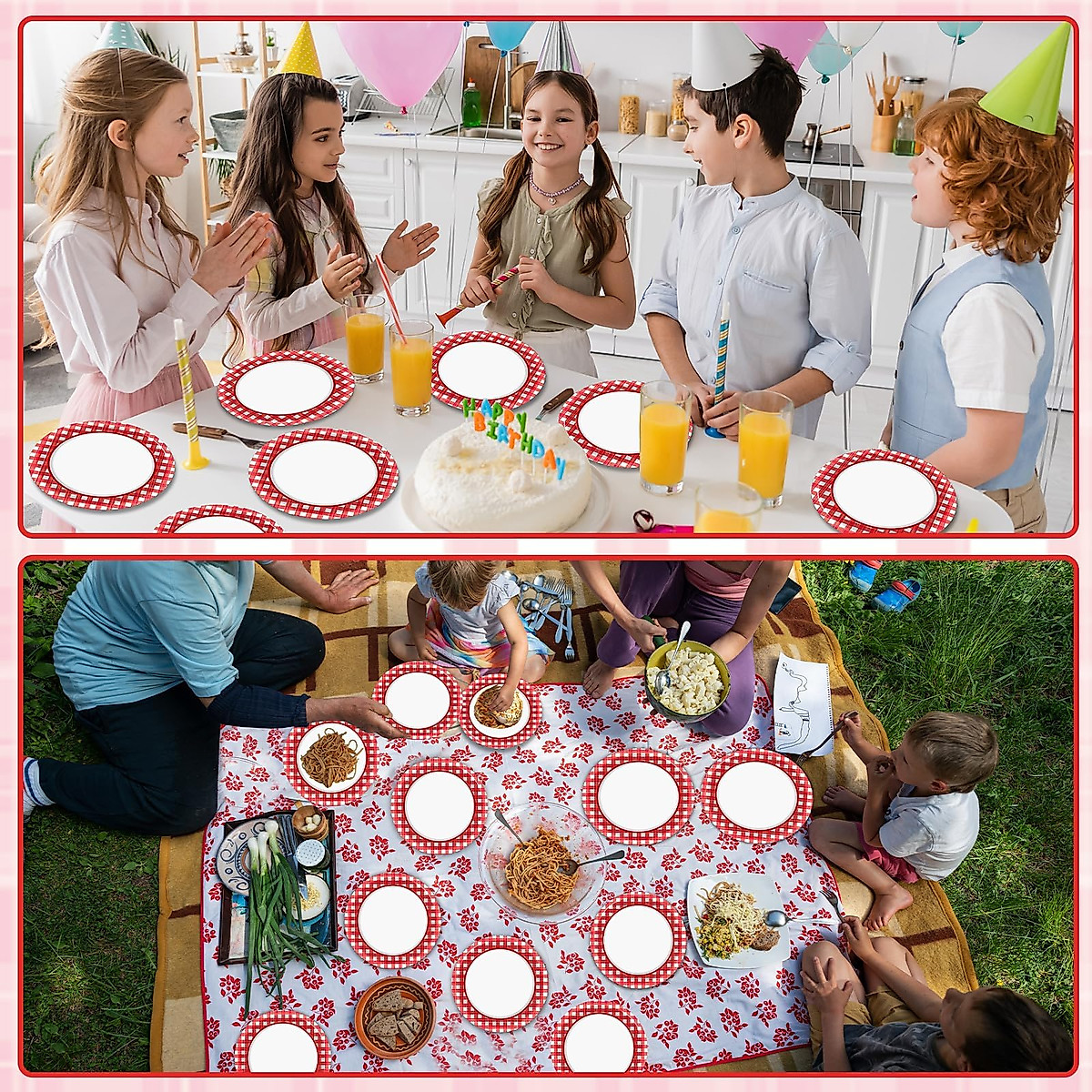 100pcs 7inch Chriatmas Red and White Plates Gingham Checkered Plaid Tableware Baby Shower Red Gingham Dessert Disposable paper Dinnerware for Picnic Barbecue Baby Shower Birthday Party Decorations