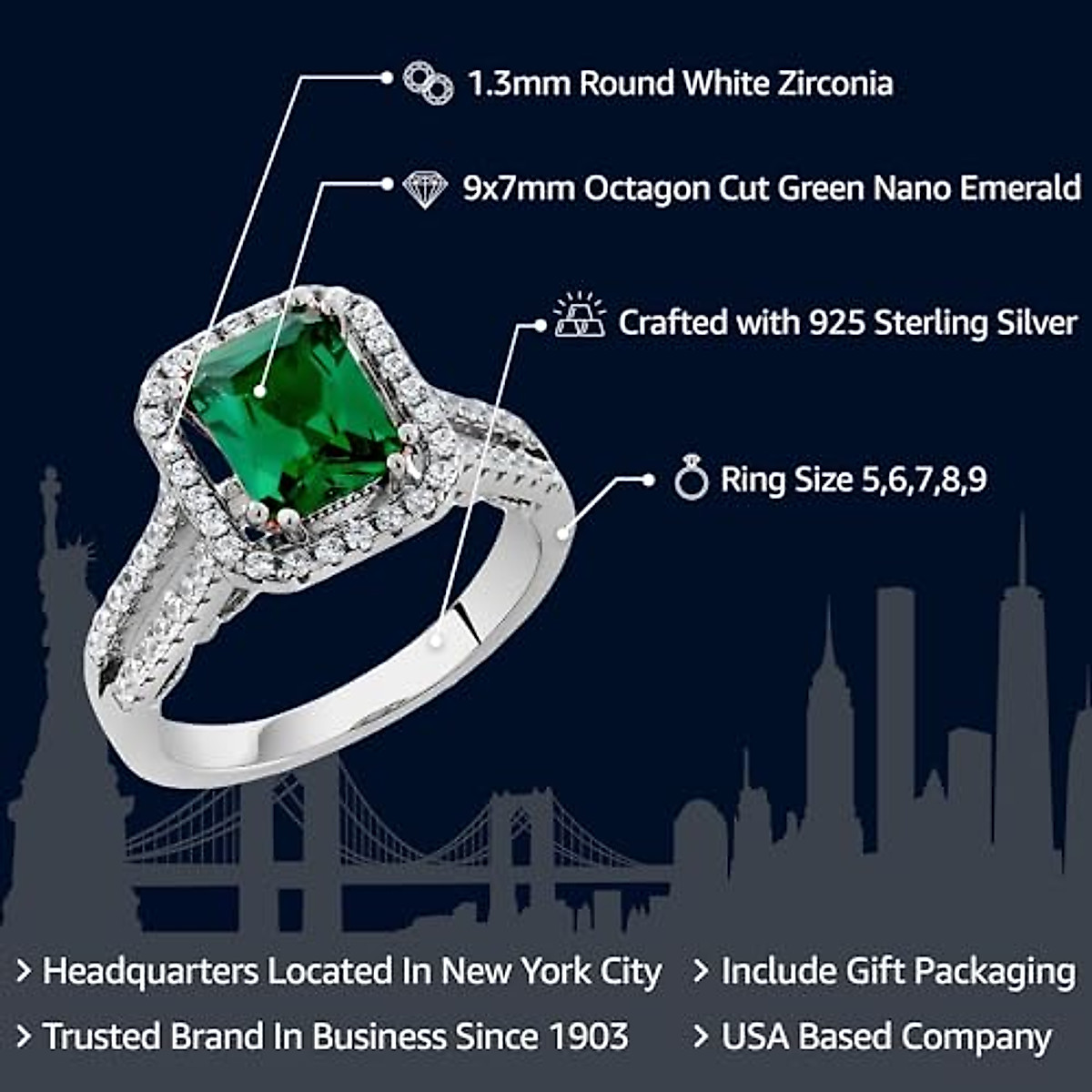 2.78 Ct Octagon Green Simulated Emerald 925 Sterling Silver Ring size 7