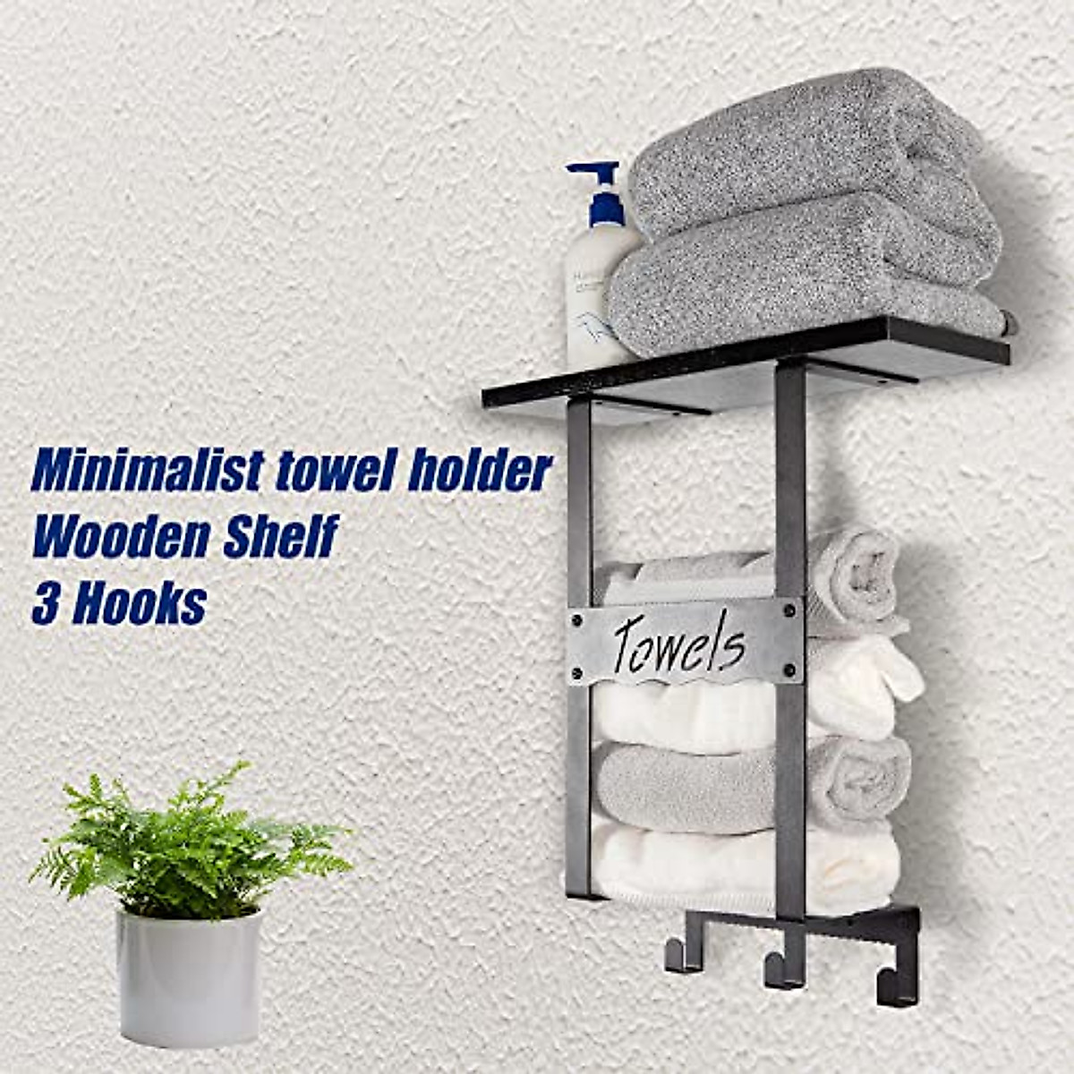 Lzziib Metal Towel Holder for Bathroom Wall with 3 Hooks and Wooden Shelf - Matte Black Towel Racks for Bathroom, Bathroom Shelf with Towel Hooks - Towel Storage for Bathroom Wall Decor