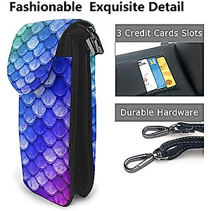 Colorful Rainbow Mermaid Scales Blue Women Soft PU Leather Cellphone Purse Wallet Handbag Small Crossbody Shoulder Bag
