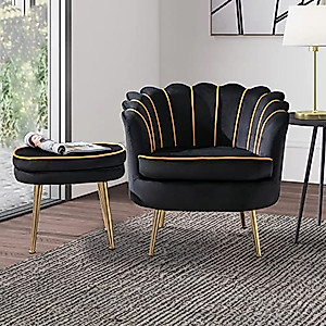QHITTY Velvet Accent Chair with Ottoman, Upholstered Chair Modern Tufted Barrel Chair Ottoman Set for Living Room, Bedroom, Office (Black)