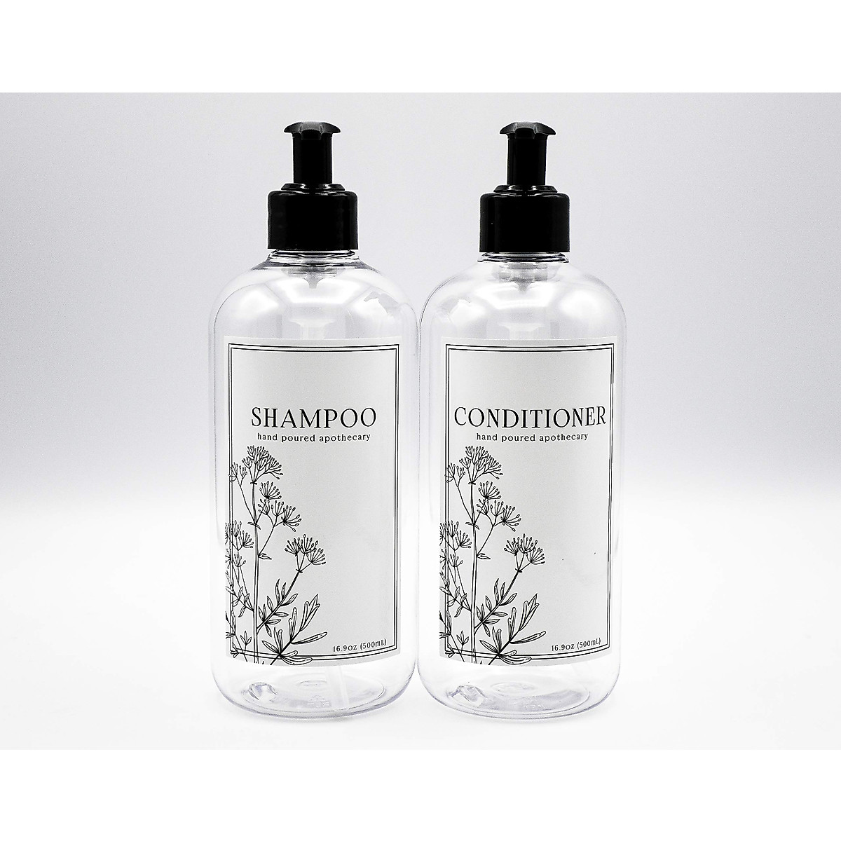 Modern Refillable Shampoo and Conditioner Dispensers by AylaMae | 500ml / 16.9oz PET Plastic Bottles (Clear with Printed Labels)