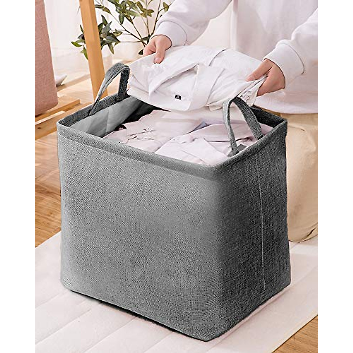 HS-TPP 75L Foldable Storage, Laundry Basket Drawstring, Fabric Storage Bin Basket ，Pet Storage Collection, Extended Handle for Easy Carrying, Used for Clothes and Toys, Grey，(18×15×23 inch)