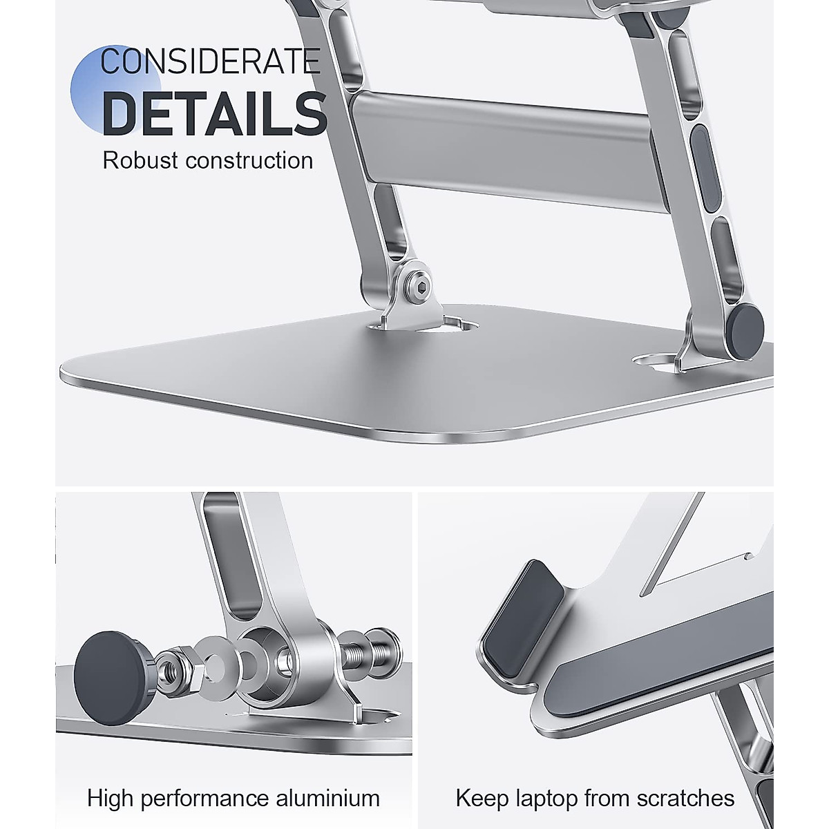 AOEVI Laptop Stand with Stable Support, Adjustable Laptop Riser for Desk, Aluminum Computer Stand Notebook Holder Compatible with MacBook Air Pro, Dell XPS, HP, Lenovo, Silver
