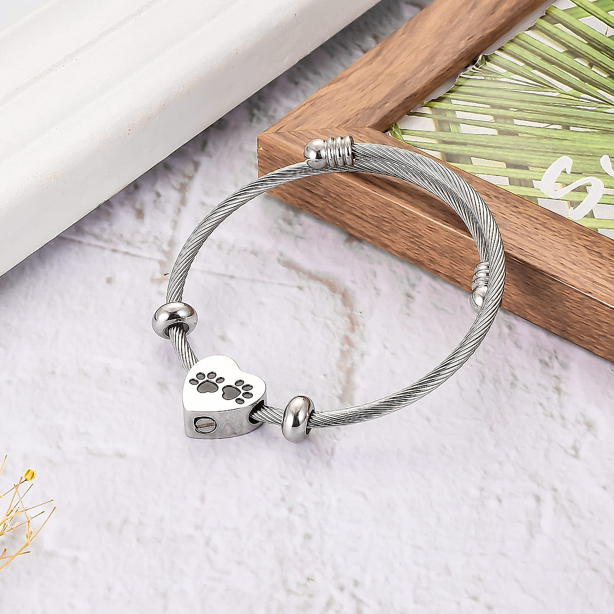 abooxiu Stainless Steel Cremation Bracelet, Heart Ashes Holder with Paw Print, Memorial Urn Bracelet for Cat Dog