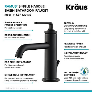 KRAUS Ramus Single Handle Bathroom Sink Faucet with Lift Rod Drain in Matte Black, KBF-1221MB