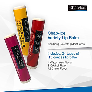 Chap-Ice Assorted Lip Balm – Watermelon, Original & Cherry Flavors – 24-Count Refill Pack