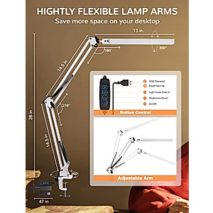 LED Desk Lamp, Adjustable Swing Arm Desk Light with Clamp, 3 Modes &10 Brightness, Study Clamp Light for Architect Kids, Memory Function, Bright Desk Lamps for Home Office Read Room Desktop, White-14W