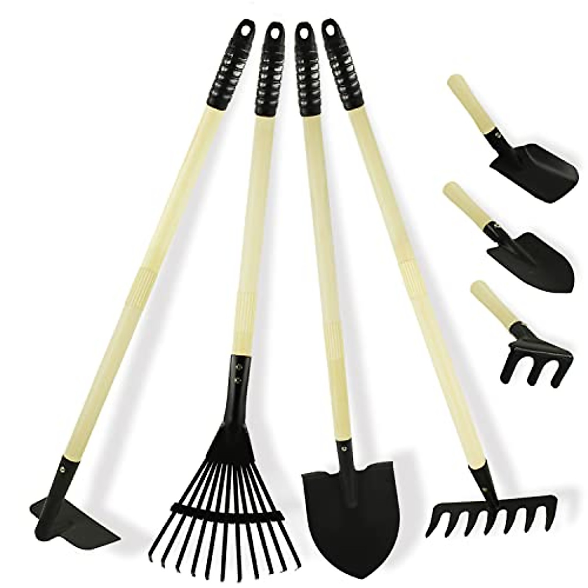 POMIKU Kids Garden Tools Set, Shovel, Rake for Leaves, Spade, Hoe, 7 Pieces Yard Tools for Toddlers Gifts, Steel Heads & Real Wood Handle