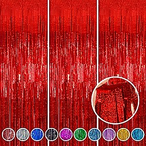 Foil Fringe Curtains Party Decorations - Melsan 3 Pack 3.2 x 8.2 ft Tinsel Curtain Party Photo Backdrop for Birthday Party Baby Shower or Graduation Decorations Red