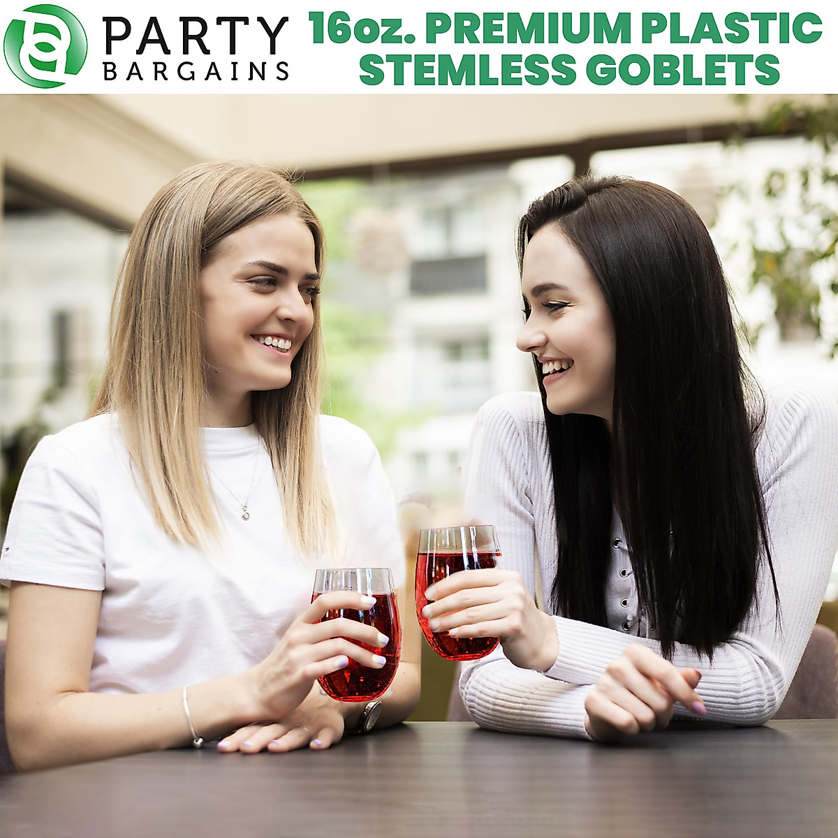 PARTY BARGAINS Stemless Goblet, 16 oz, Clear, 6 Pack, Heavy Duty Plastic Wine Glasses, Decorative Drinking Cups for Weddings, Baby Showers, Barware, Drinkware