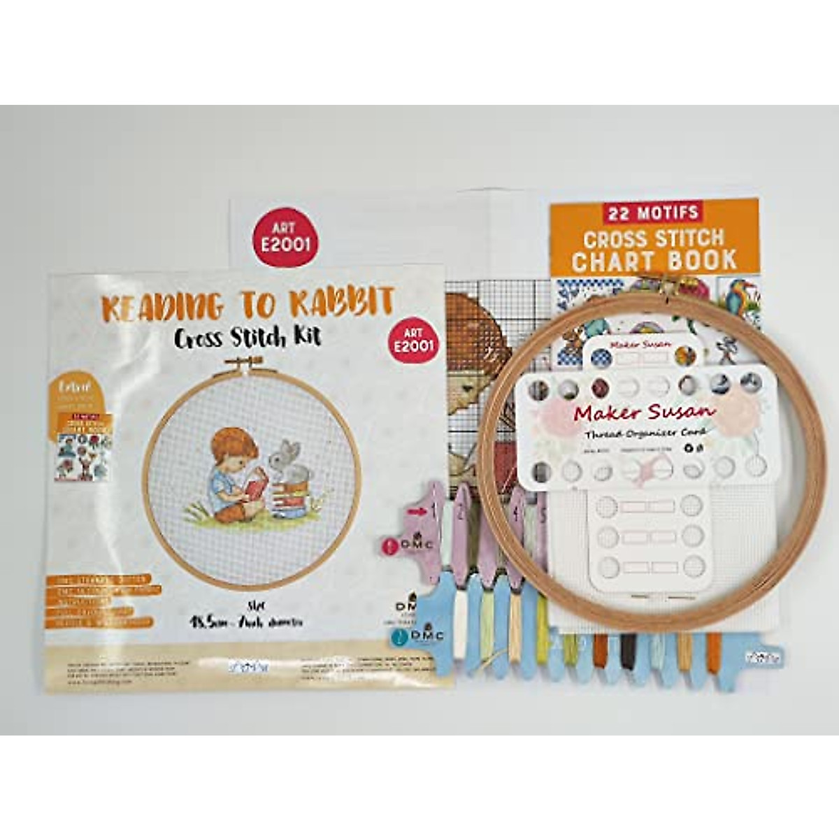 Maker Susan Reading to Rabbit Pattern Counted Cross Stitch Kits for Adults and Beginners with Wooden Hoop, DMC Fabric, Threads and Needles, Embroidery Thread Floss Organizer Cards (E2001)