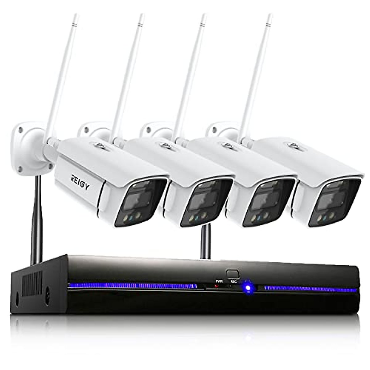 REIGY 3MP WiFi Security Camera System with Floodlight Without Hard Drive, 2K Outdoor Home Surveillance Set 8CH 5MP NVR + 4X 1296P IP Cam, 2-Way Audio Remote View Color Night Vision Motion Detection