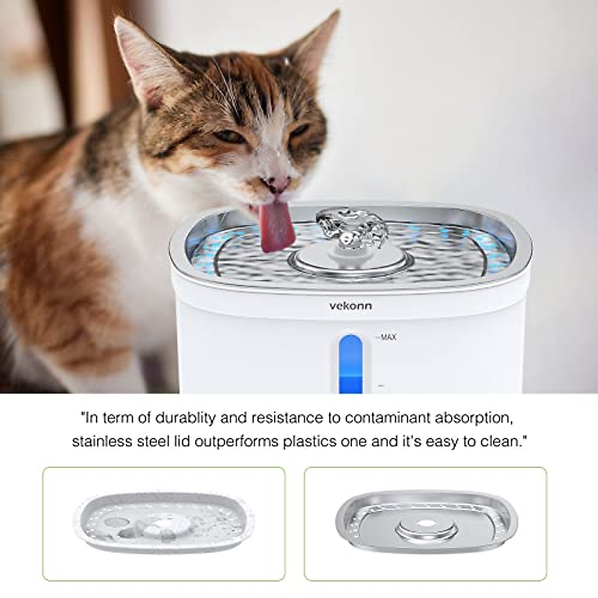 Vekonn Cat Water Fountain with Stainless Steel Top, 2.5L Pet Water Fountain with Led Light and Water Level Window