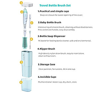 Soarup90000 Baby Bottle Brush Set with Travel Bottle Brush, Straw Brush, Soap Dispenser, and Storage Travel Case, Travel Bottle Cleaner Kit, Blue