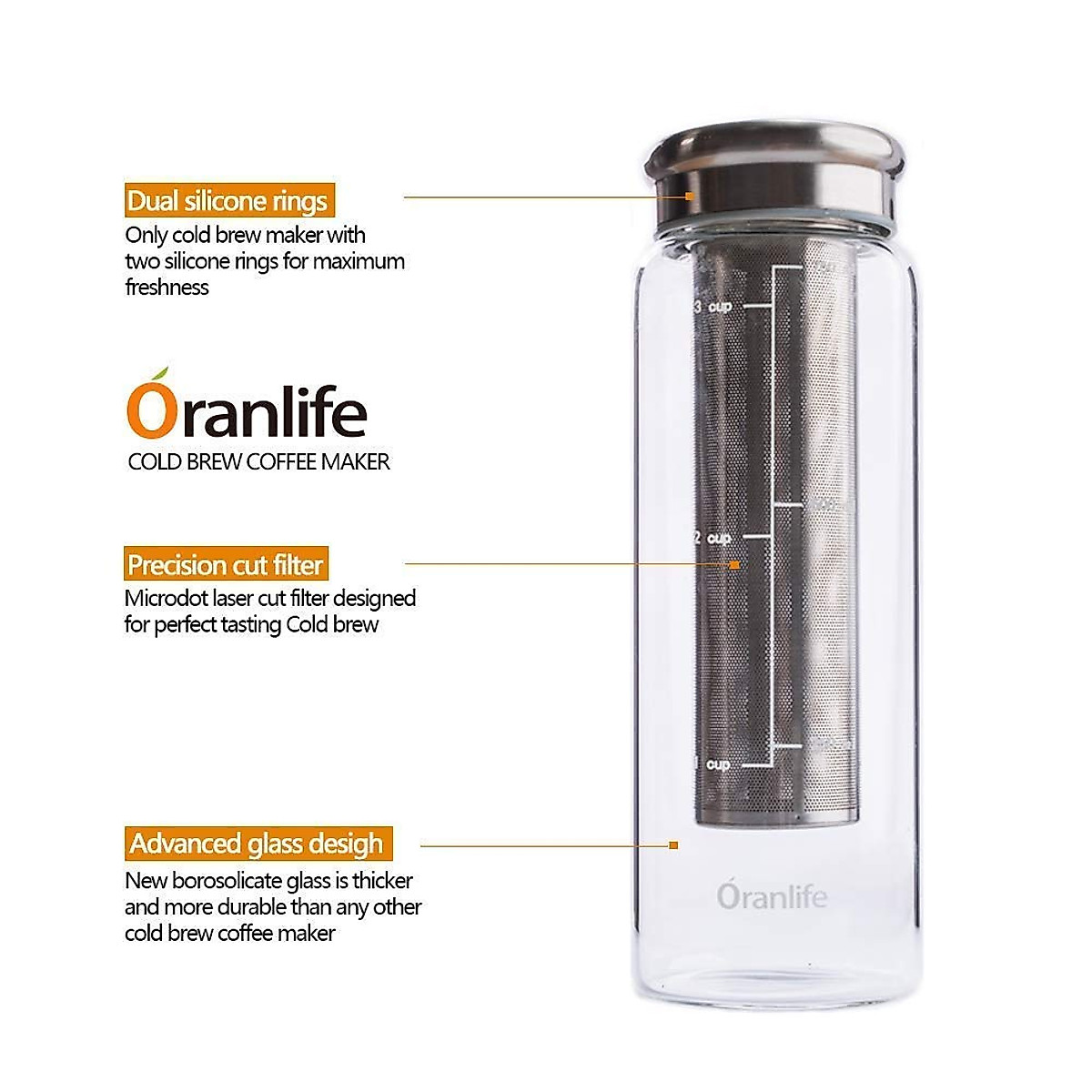 Oranlife Cold Brew Coffee Maker, Portable Iced Coffee and Tea Infuser with Airtight Lid, Reusable Stainless Steel Mesh Filter for Iced Tea/Coffee, 3cup, 26oz