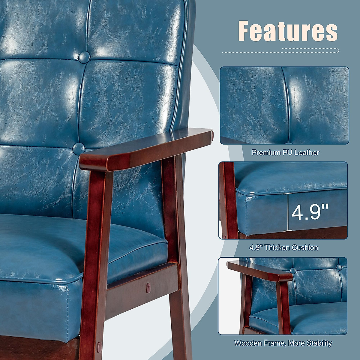 Okeysen Mid Century Modern Accent Chairs, Retro Wood and Leather Armchairs Side Chair, Lounge Reading Comfy Arm Chair for Living Room, Bedroom, Office (Blue)