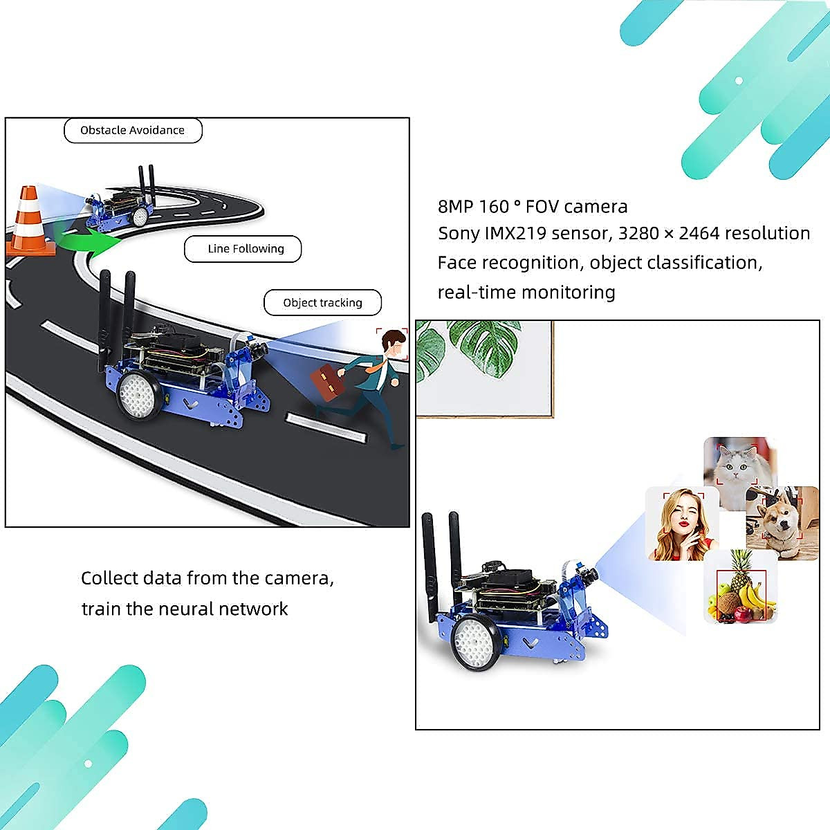 JetBot AI kit Provided by Jetson Nano, with Front Camera Dual Mode Wireless WiFi Bluetooth Facial Recognition Object Tracking(Blue, Without Jetson Nano)